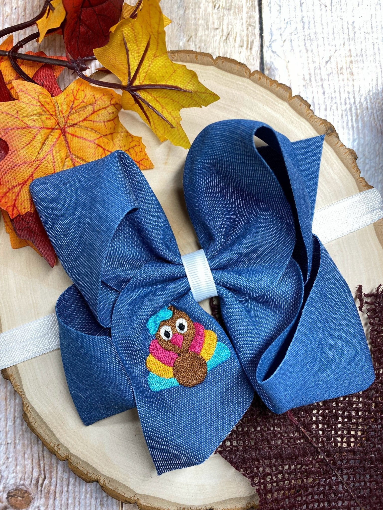 Pink Turkey Embroidery on Denim Bow Headband – The Hair Bow Company